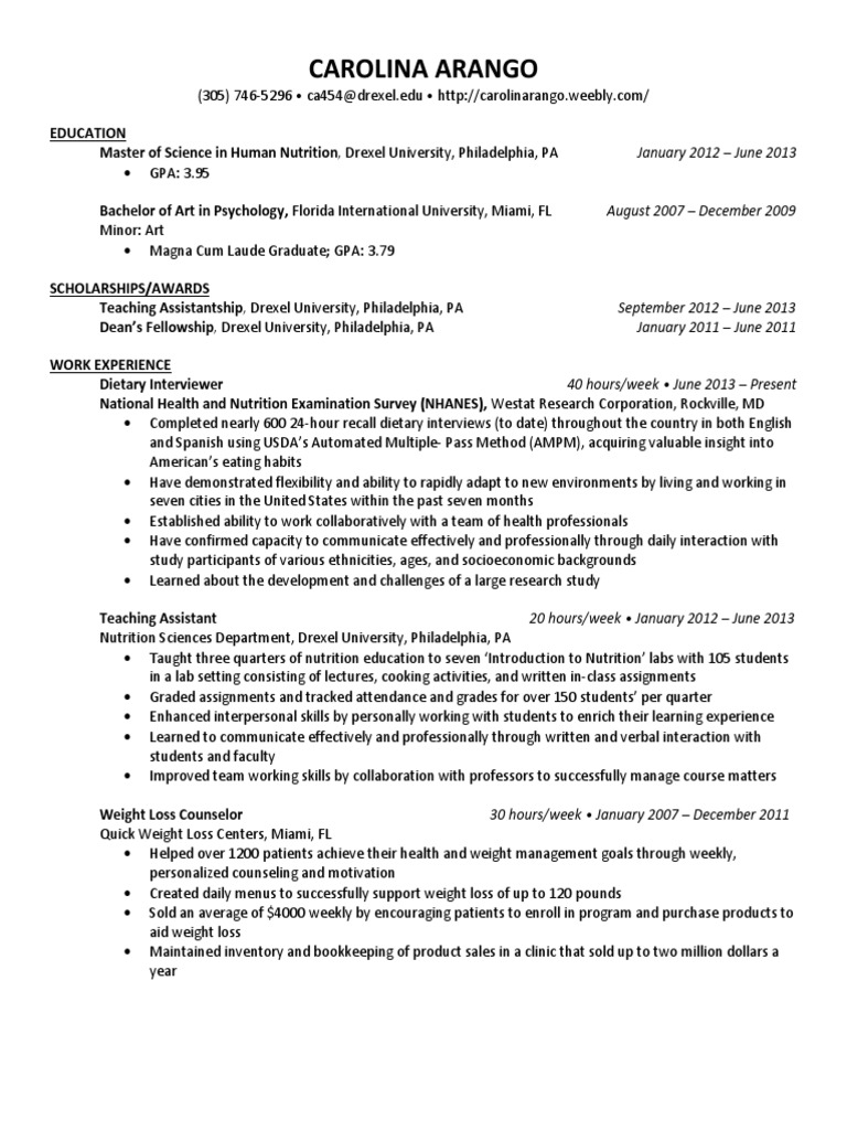 Carolina Arango Resume Dis 2014 | PDF | Dietitian | Nutrition
