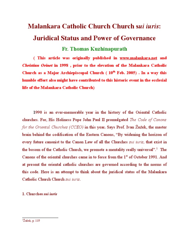 Malankara Catholic Church Sui Iuris: Juridical Status and Power of ...