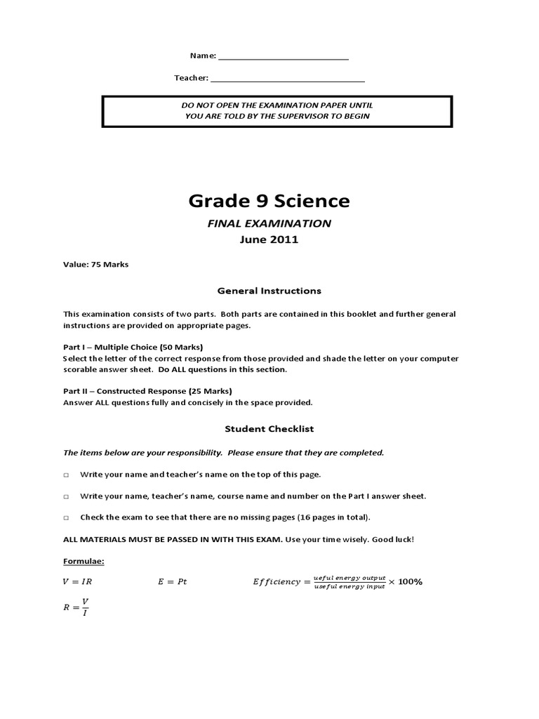 Grade 9 Science Final Examination: Analyzing Content and Instructions ...