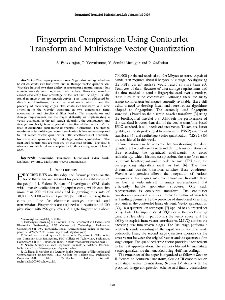 Fingerprint Compression Using Contourlet Transform and Multistage Vector Quantization | PDF ...