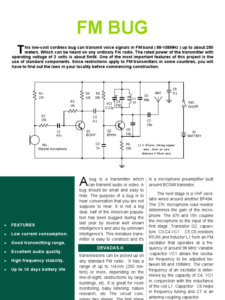 His Low-Cost Cordless Bug Can Transmit Voice Signals in FM | PDF ...