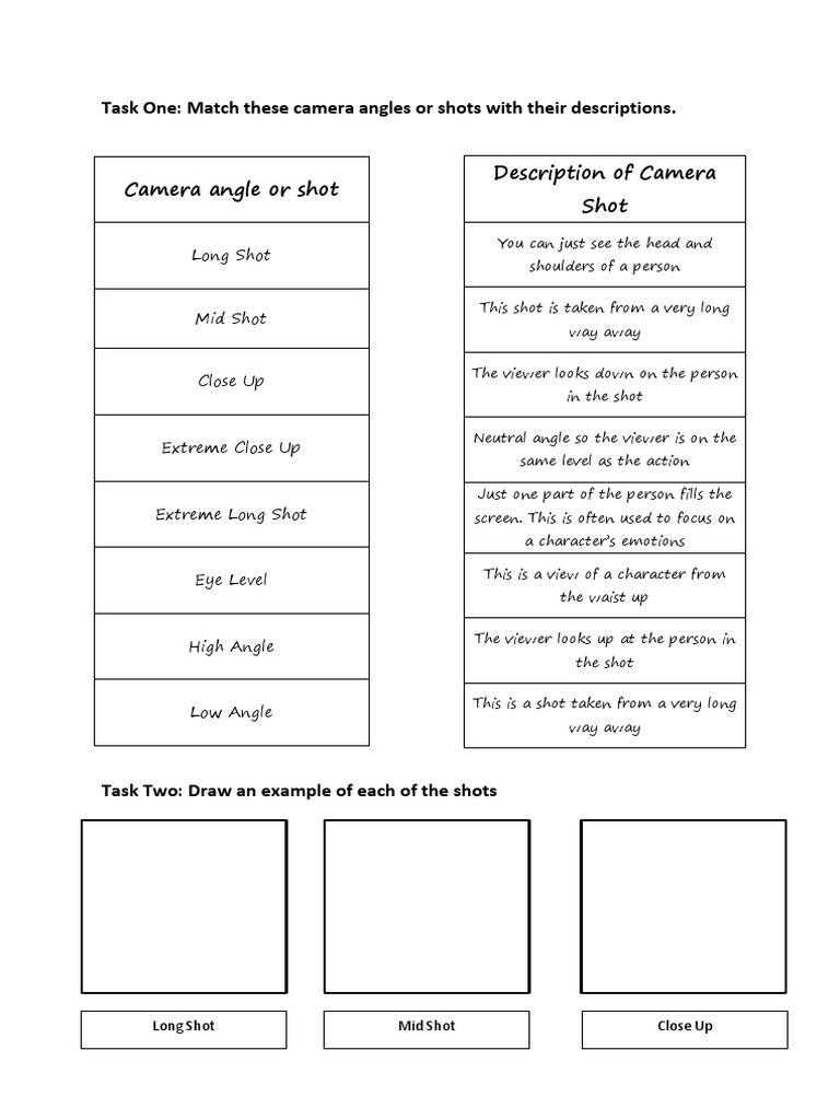 Camera Angles And Shots Worksheet