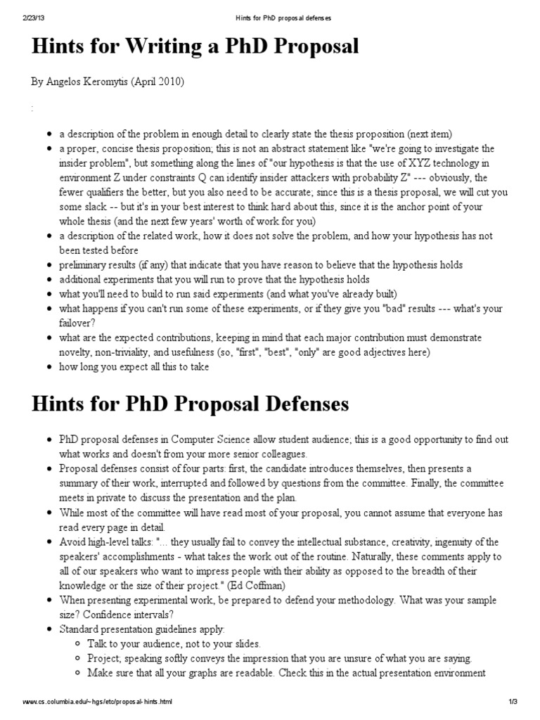 Hints For PHD Proposal Defenses | PDF | Algorithms | Thesis
