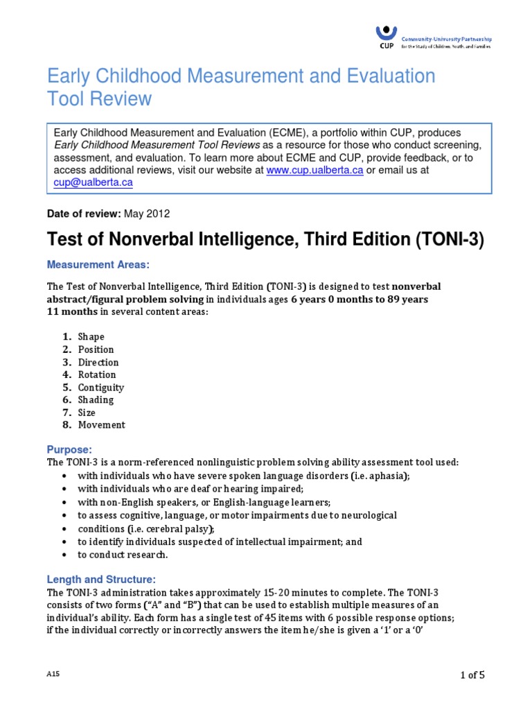 TONI-3 Nonverbal Intelligence Review | PDF | Intelligence Quotient ...