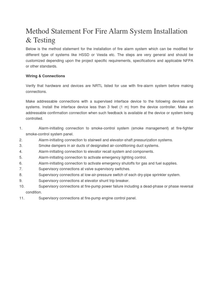 Method Statement For Fire Alarm System Installation | PDF | Electric ...