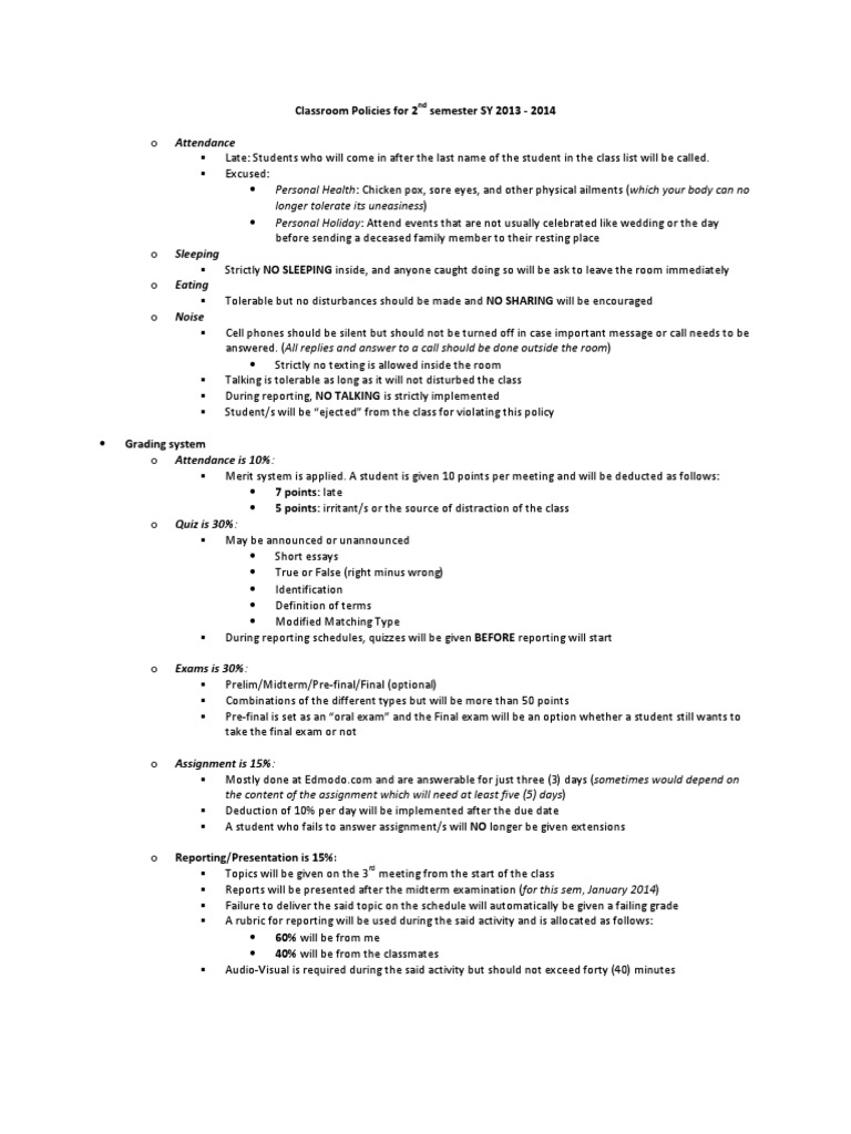 Classroom Policies For 2nd Semester SY 2013 | PDF | Academic Term ...
