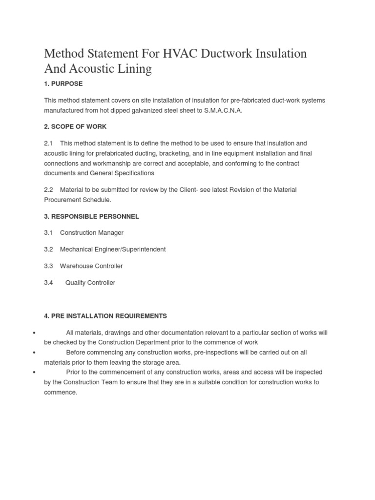 Method Statement For HVAC Ductwork Insulation and Acoustic Lining | PDF ...