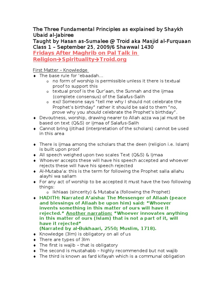 The Three Fundamental Principles As Explained by Shaykh Ubaid Al | PDF ...