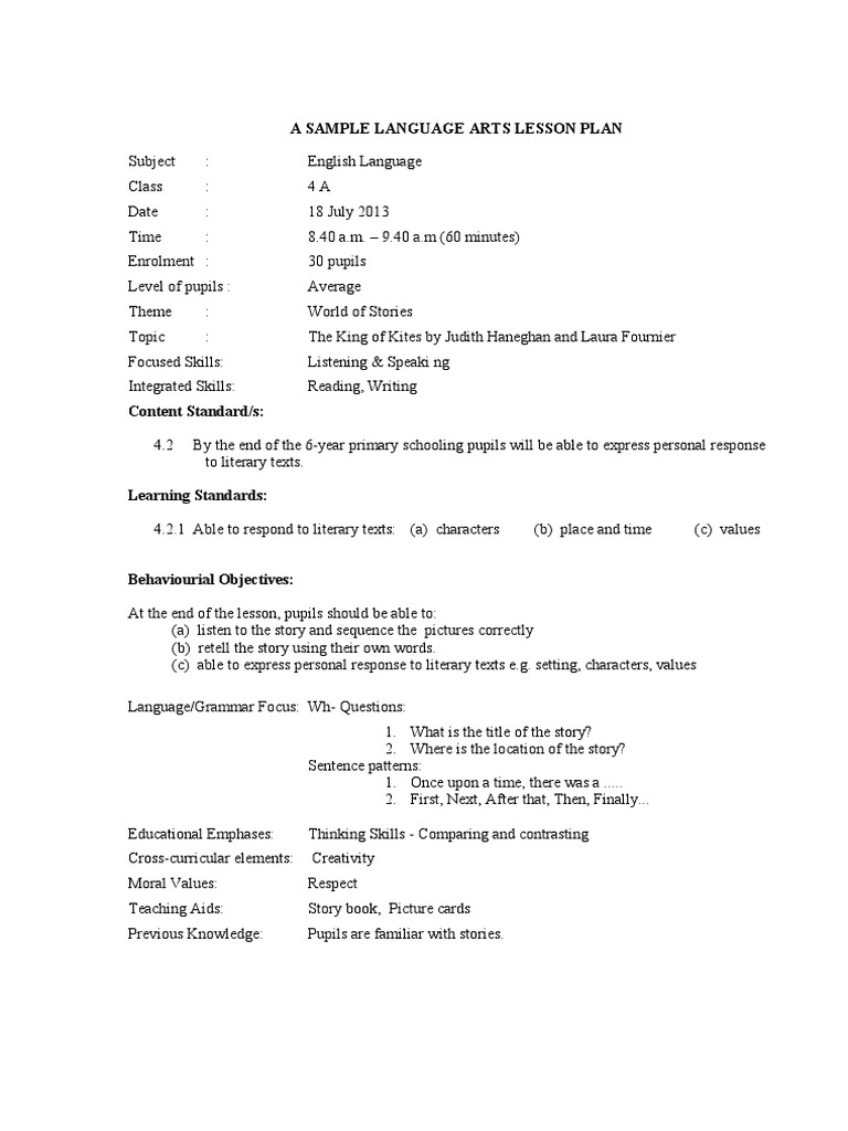 Language Arts Sample Lesson Plan King of Kites | PDF