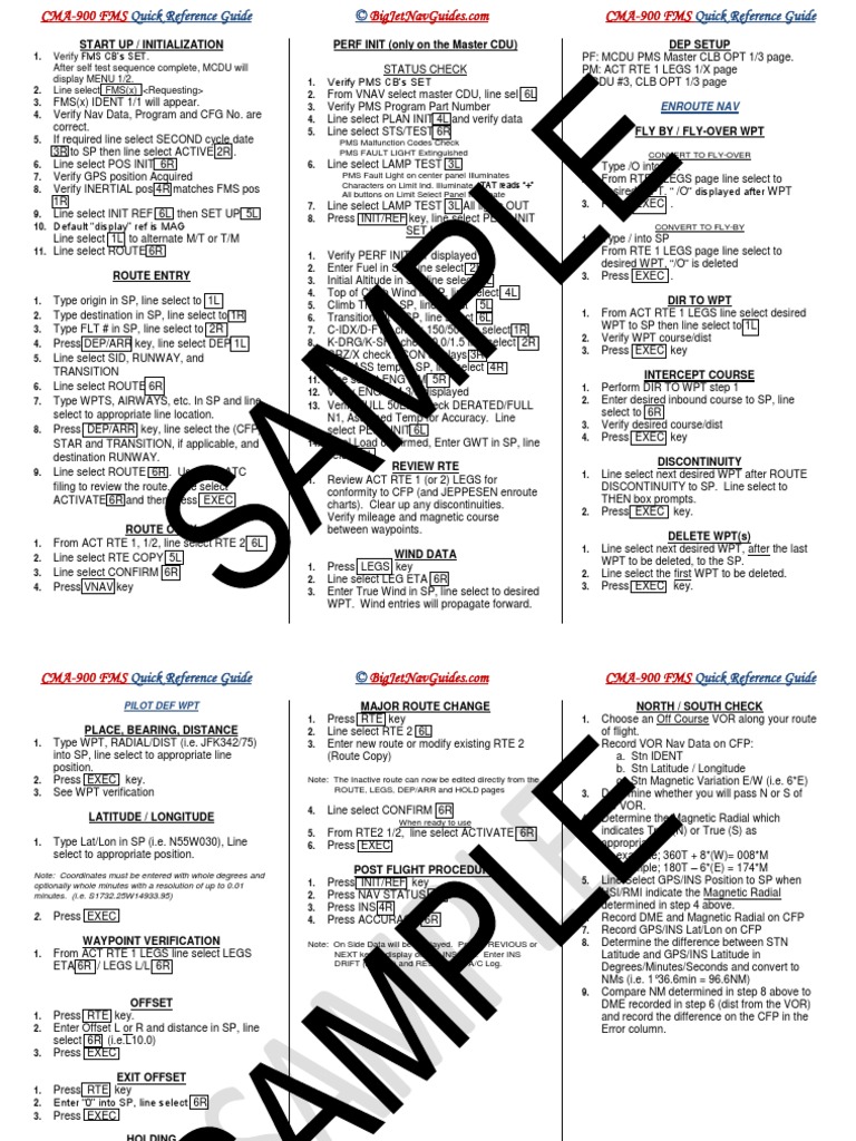 CMA-900 FMS Quick Reference Guide - Sample | PDF | Navigation | Geography
