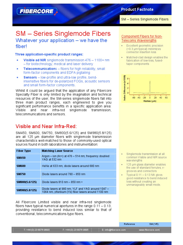 FIBERCORE SM Series Single Mode Fiber Spec Sheet | PDF | Attenuation | Optical Fiber