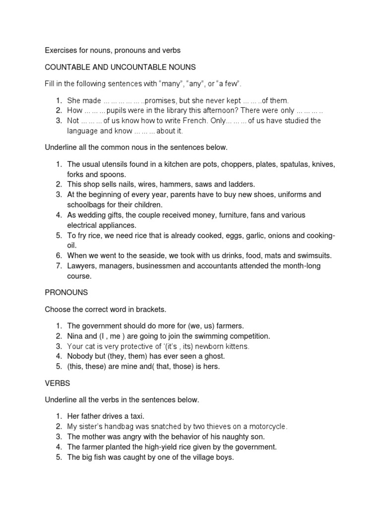Exercises For Nouns | PDF | Noun | Grammar