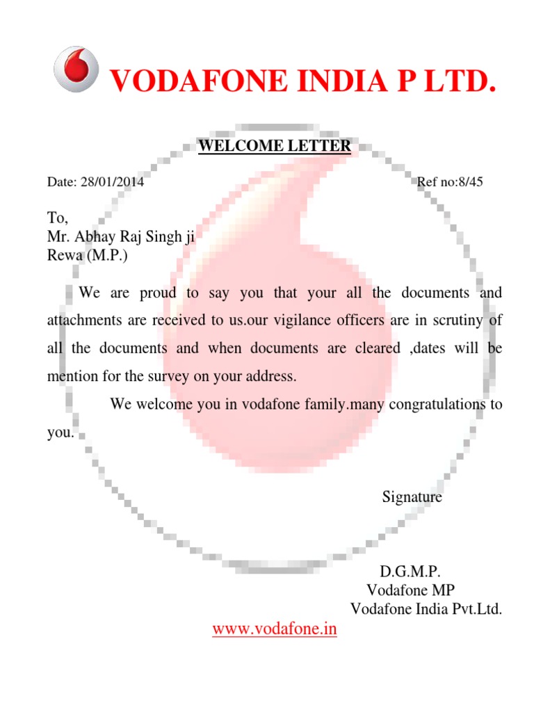 Vodafone India p Ltd Welcome Letter | Securities | Government | Free 30 ...