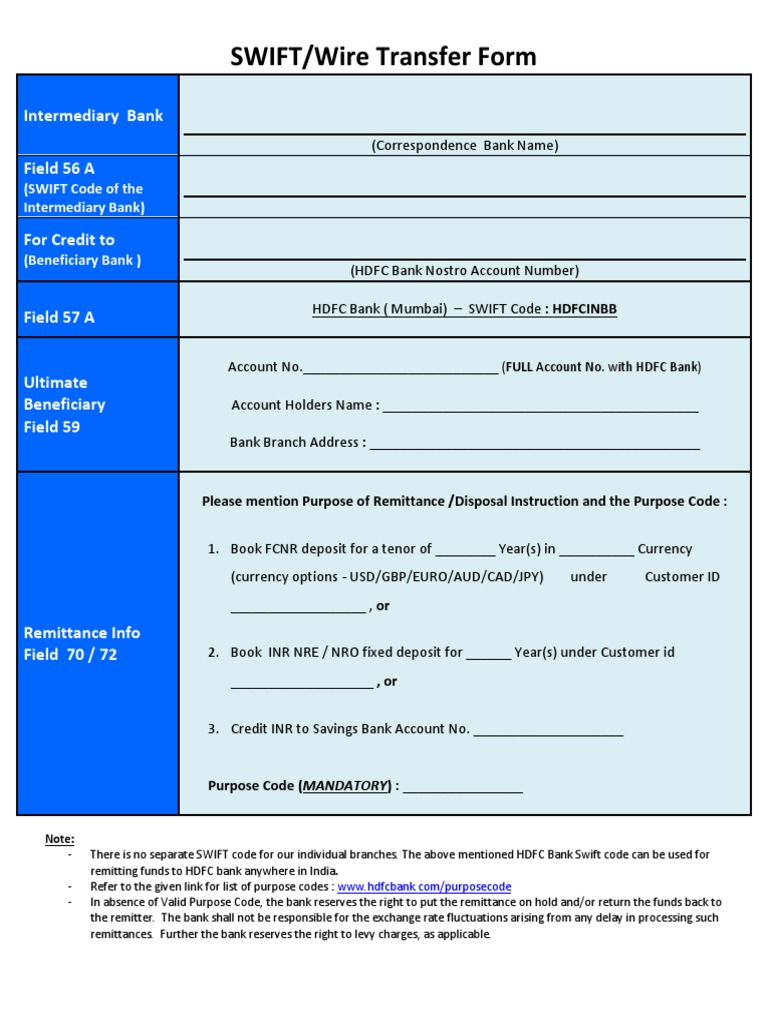 SWIFT/Wire Transfer Form: Intermediary Bank Field 56 A | PDF