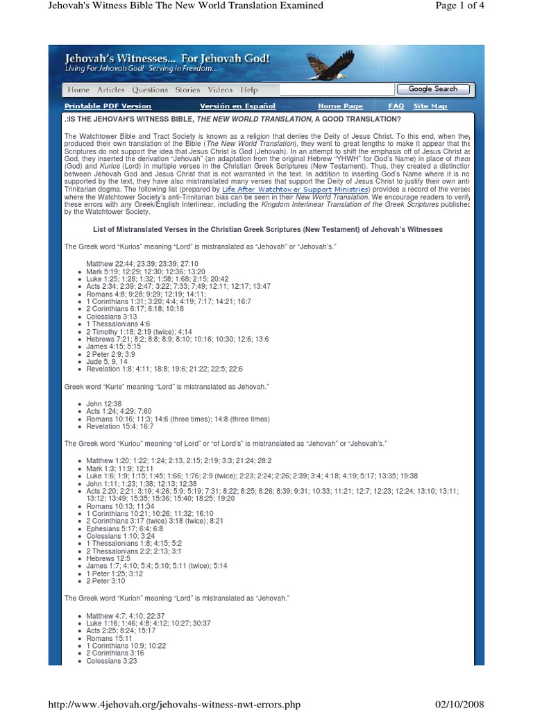 JW's Bible The New World Translation Examined-Www.4jehovah - Org ...