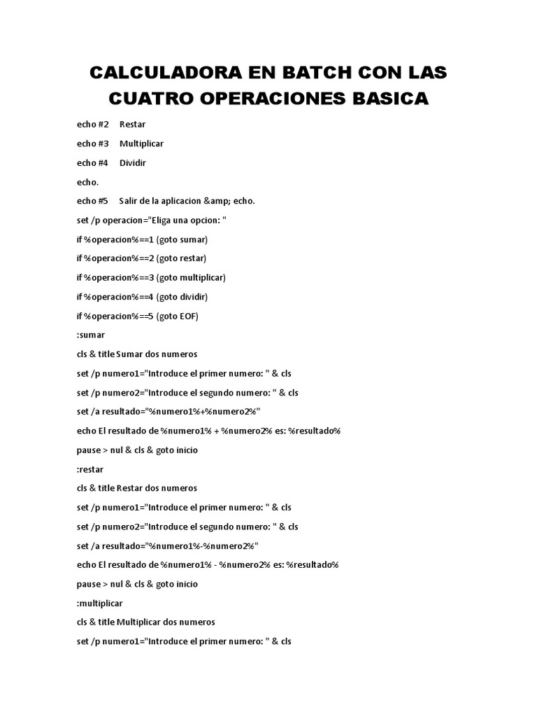 Calculadora en Batch Con Las Cuatro Operaciones Basica | PDF