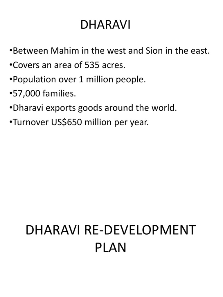 Dharavi Redevelopment Plan Overview | PDF | Slum | Economies