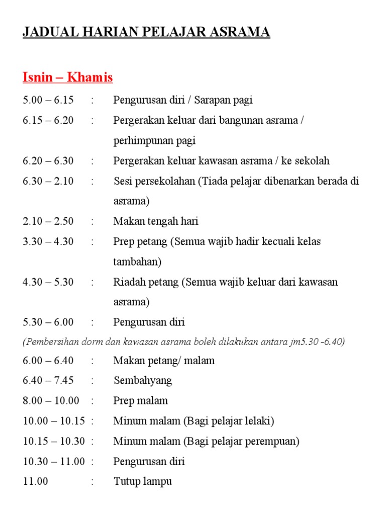 Contoh Jadual Harian Pelajar Asrama | PDF