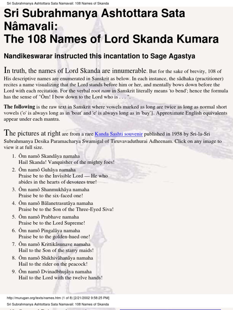 108 Names of Skanda-Murugan | PDF | Hindu Literature | Hindu Mythology