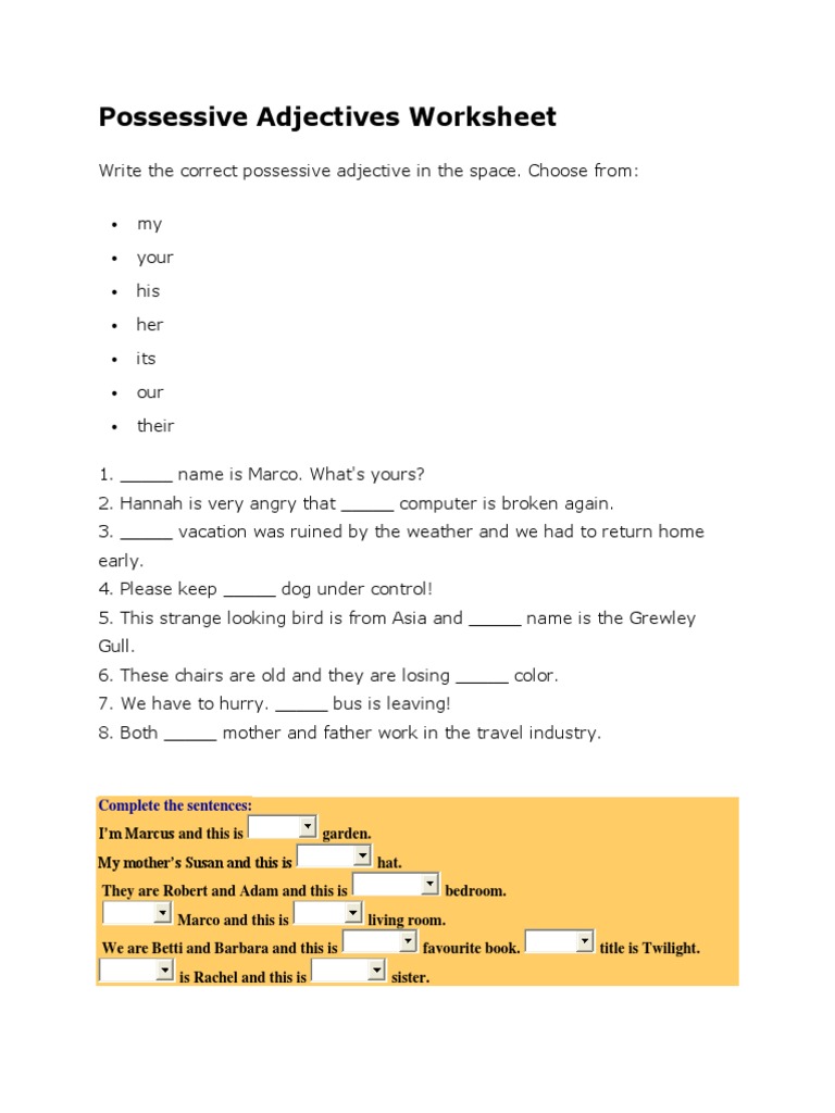 Possessive Adjectives Worksheet for Kids | PDF | Foreign Language Studies