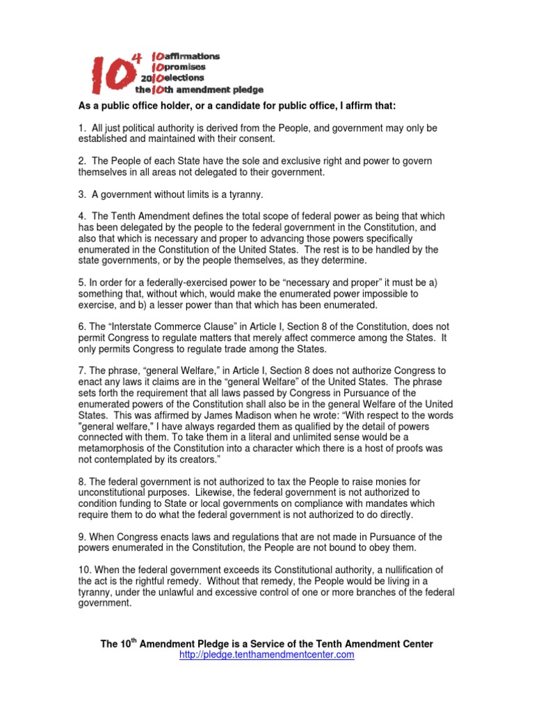 10th Amendment Pledge State | PDF | U.S. State | Article One Of The ...