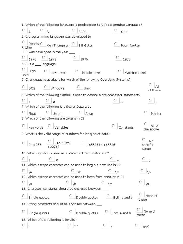 C Lang Objective Type Questions Pdf C Programming Language Pointer Computer Programming