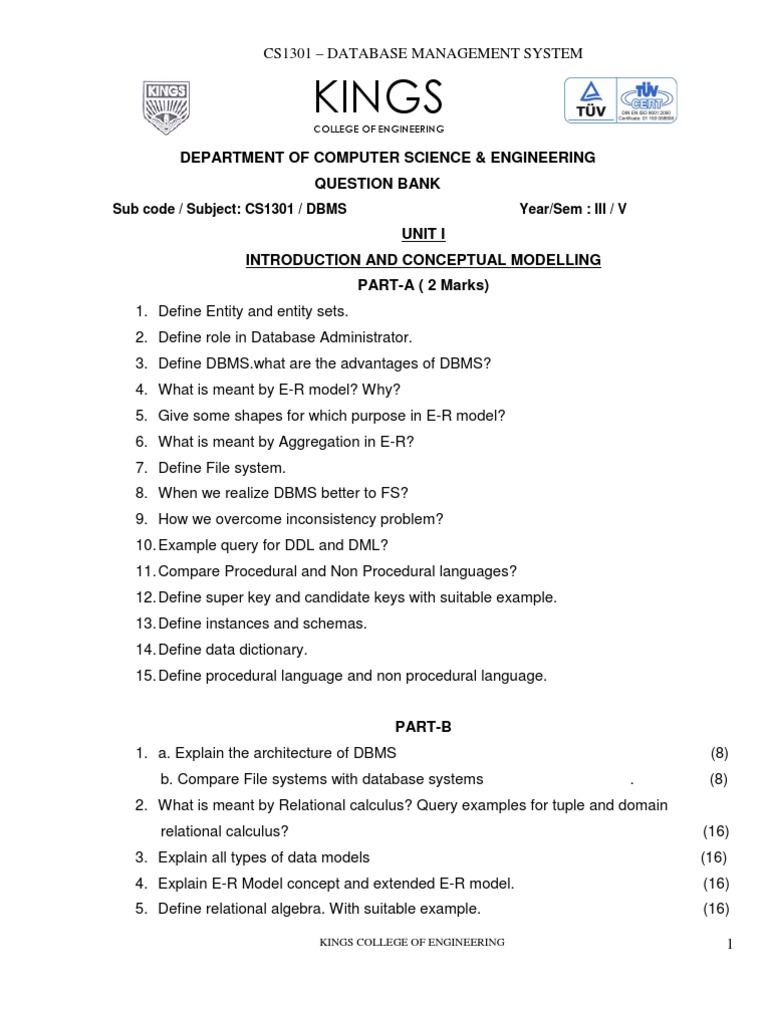 Kings: Department of Computer Science & Engineering Question Bank | PDF | Relational Model ...