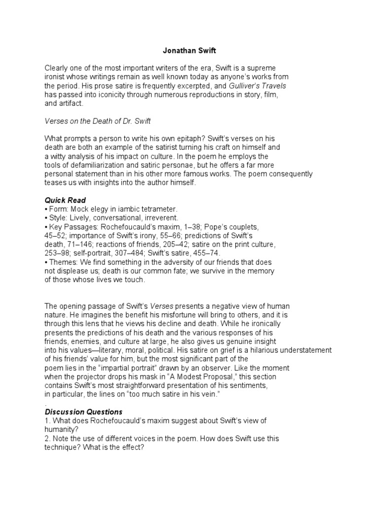 ENG4U-Notes On Jonathan Swift | PDF | Satire | Gulliver's Travels