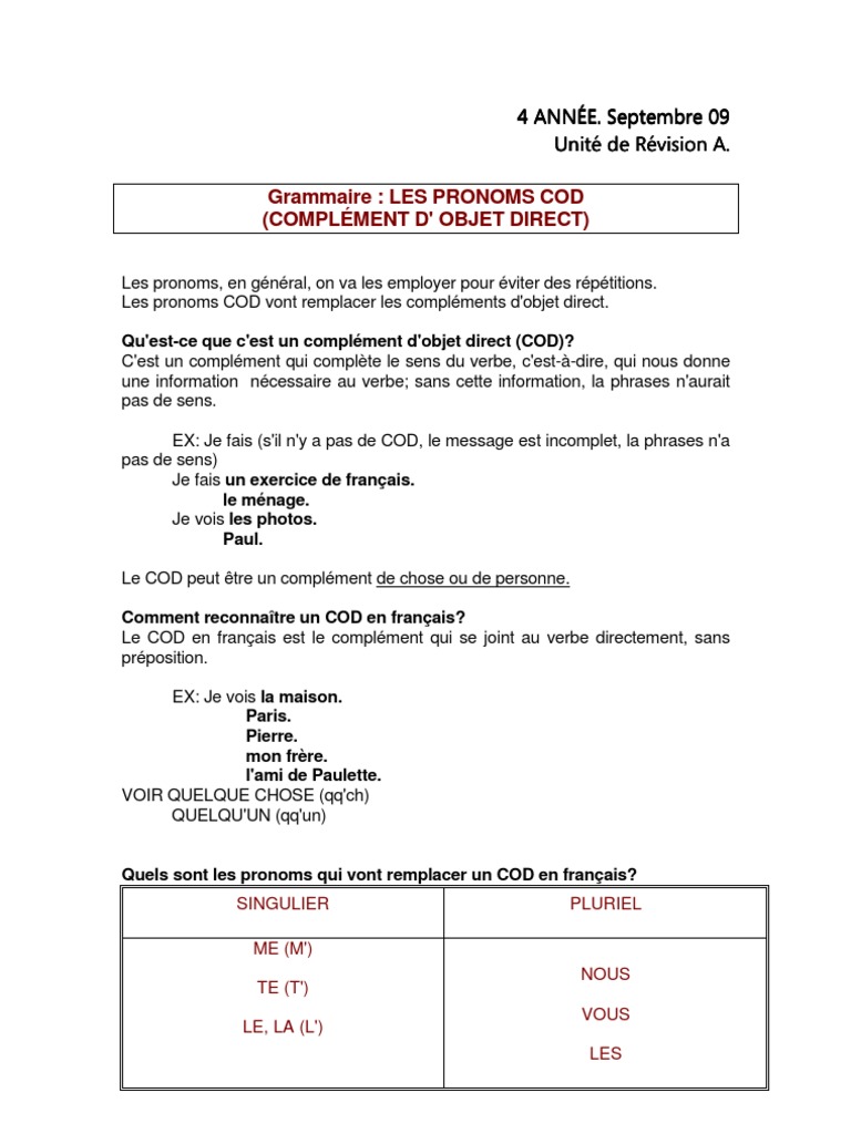 Les Pronoms Complément | PDF | Pronom | Genre grammatical