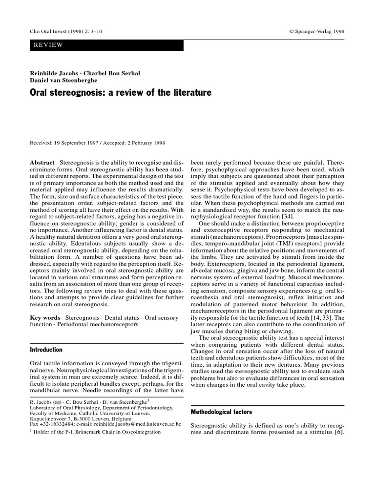 Oral Stereognosis - Review | PDF | Perception | Dental Implant