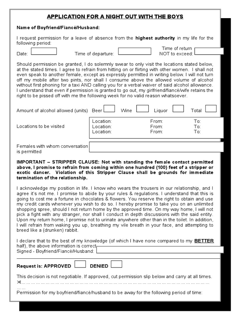 Boys Night Out Permission Slip | Common Law | Government Information