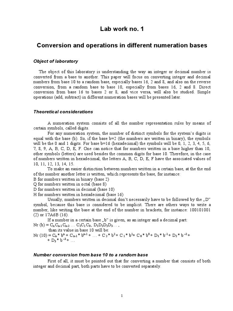 Lab Work No. 1 Conversion and Operations in Different Numeration Bases ...