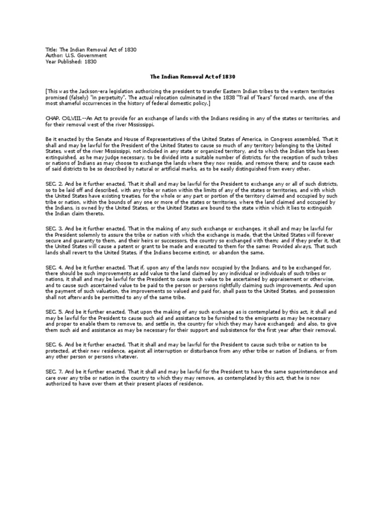 Indian Removal Act 1830 | PDF | Trail Of Tears | Native Americans In ...