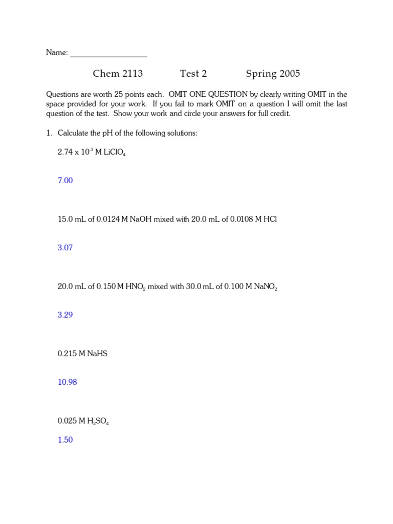Test 2 Spring 2005 (Acid & Base Titrations) | Download Free PDF ...