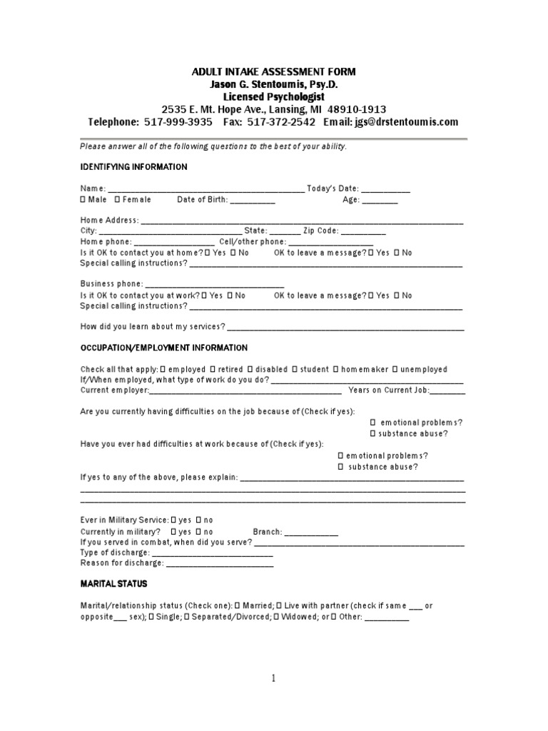 Adult Intake Assessment Form | Download Free PDF | Substance Abuse ...