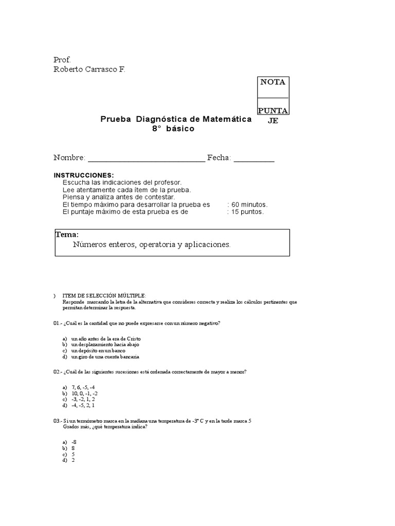 Prueba Diagnostica Matematica 8vo | PDF