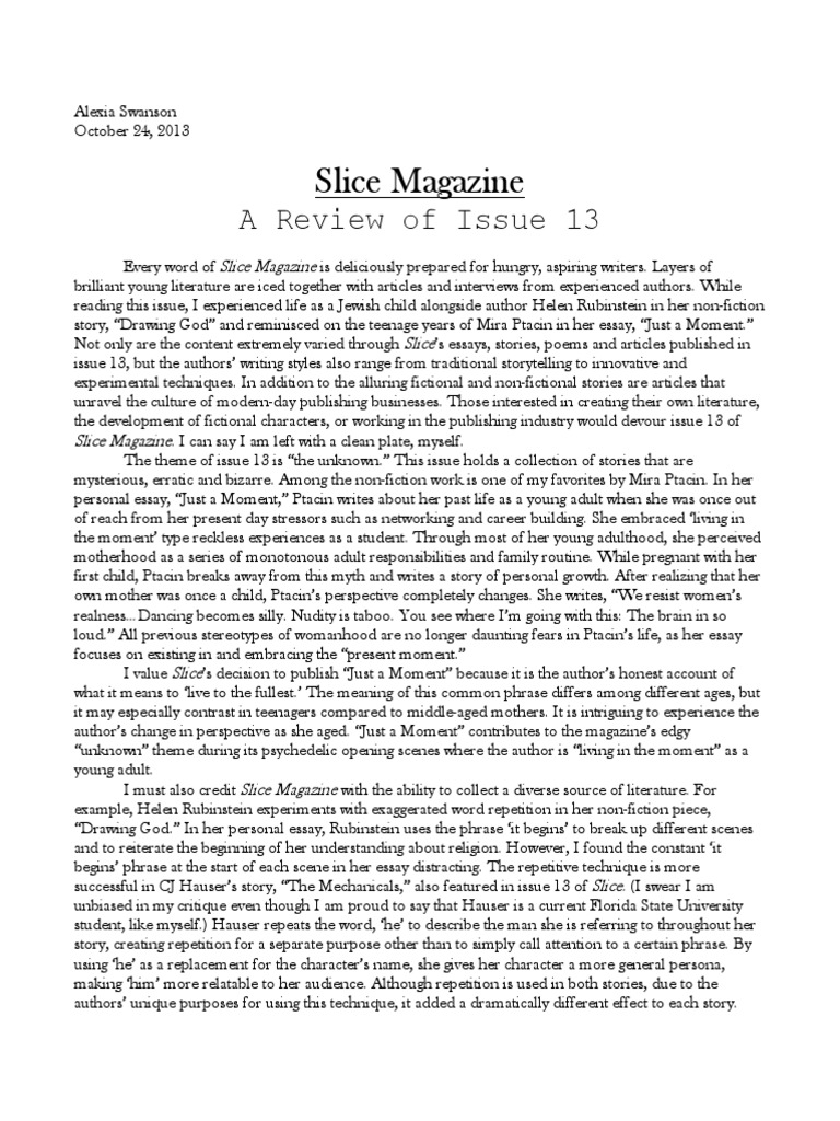 Slice Magazine Review | PDF | Essays | Young Adult Fiction