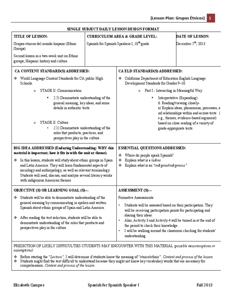 PDF Grupos Etnicos Lesson Plan Spanish Speakers I | PDF | Vocabulary ...