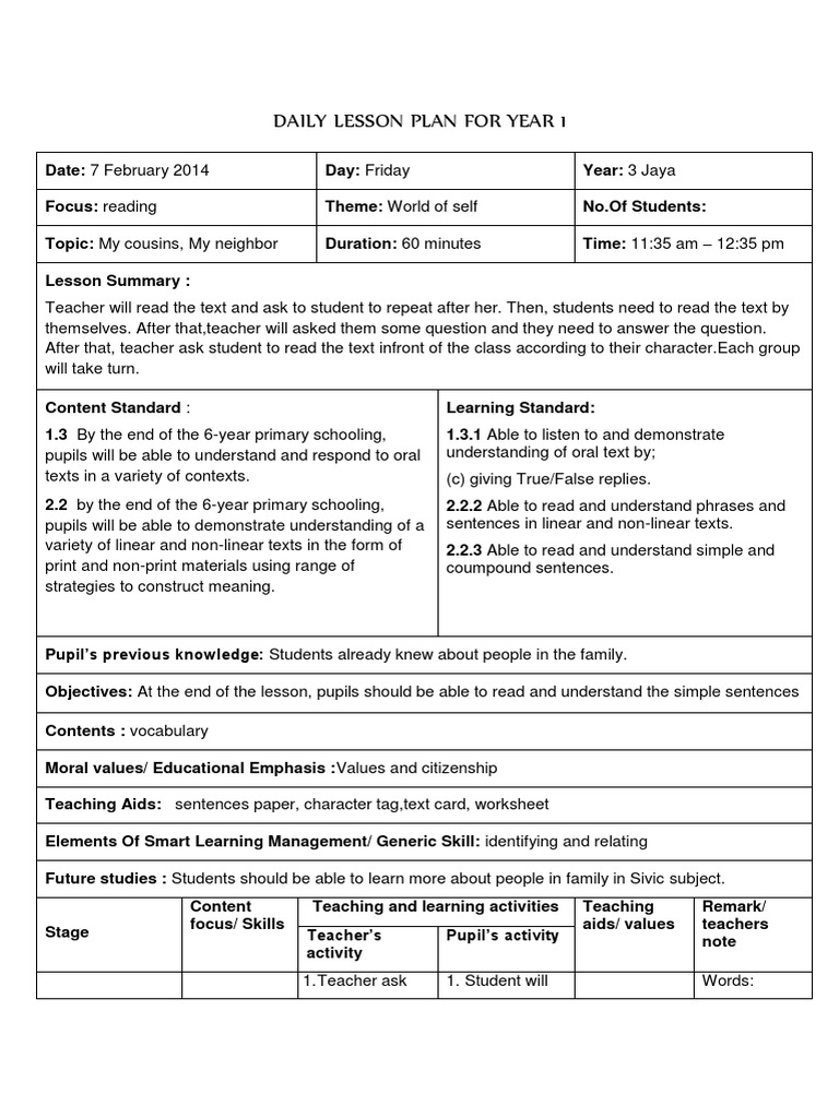 Daily Lesson Plan For Year 1 | PDF | Lesson Plan | Question