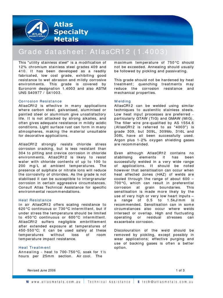 Atlas 3CR12 Datasheet | PDF | Corrosion | Stainless Steel