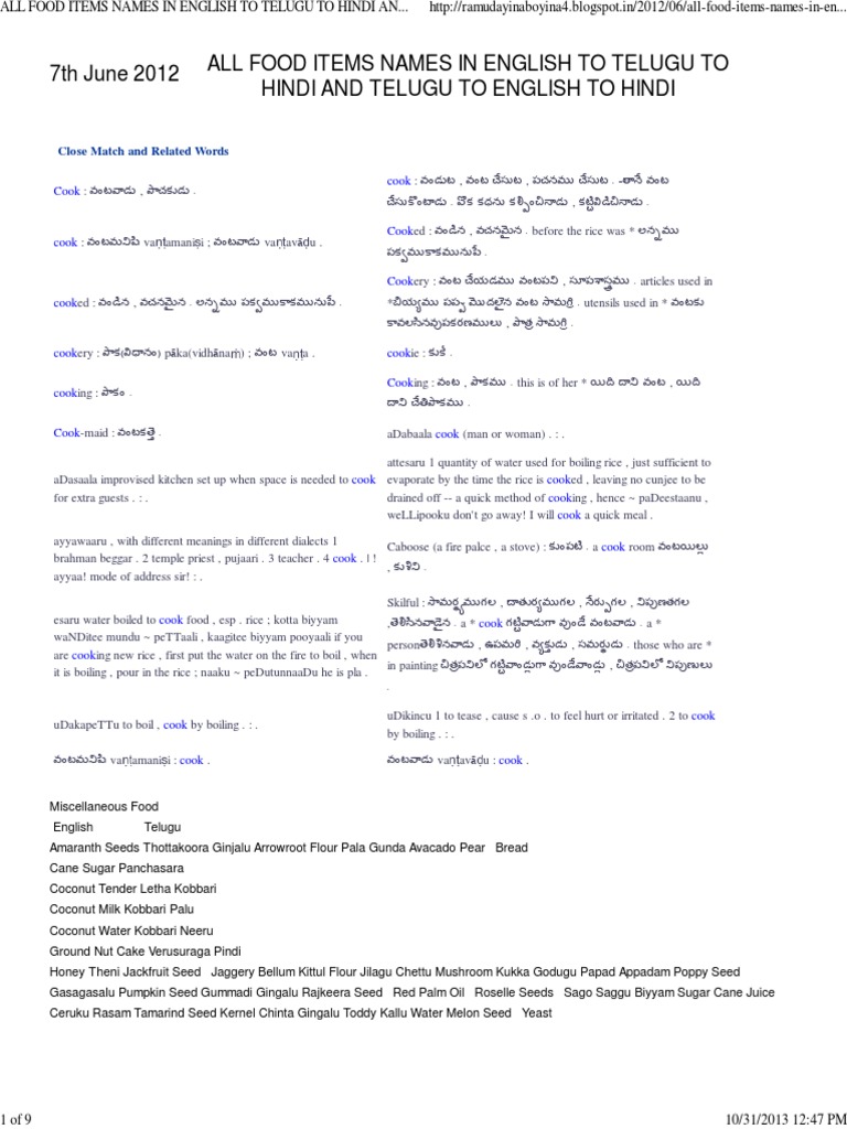 Food Item Translations: Telugu, Hindi, English | PDF | Curry | Cooking