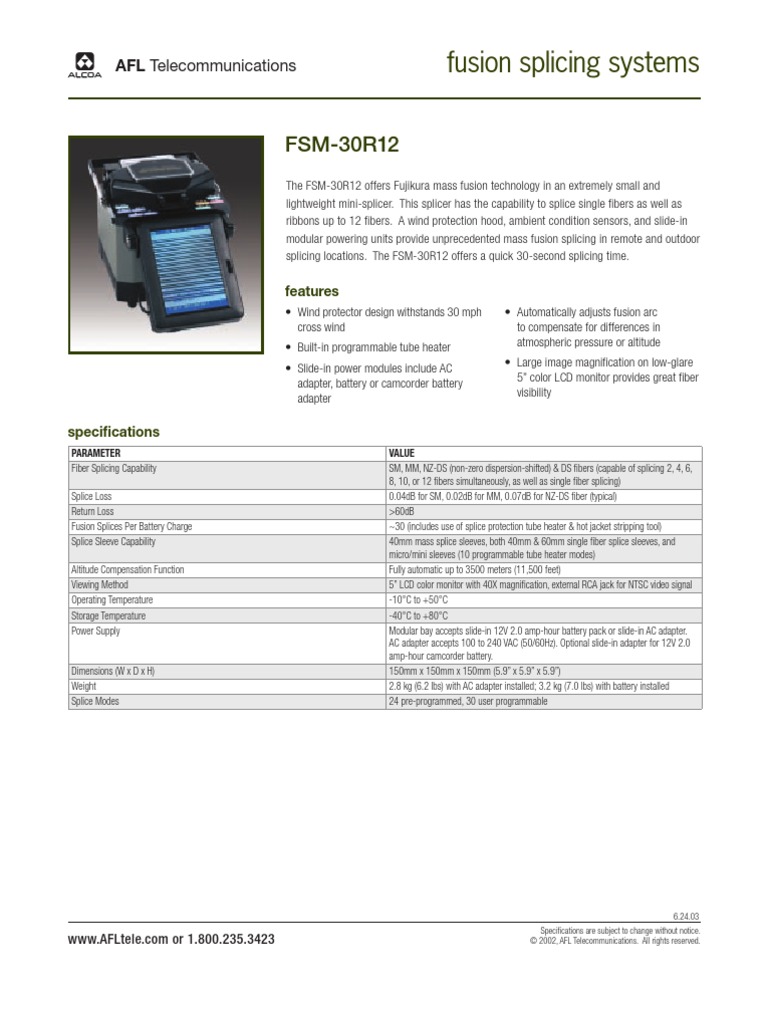 AFL FSM-30R Fusion Splicer Spec Sheet | PDF | Optical Fiber ...