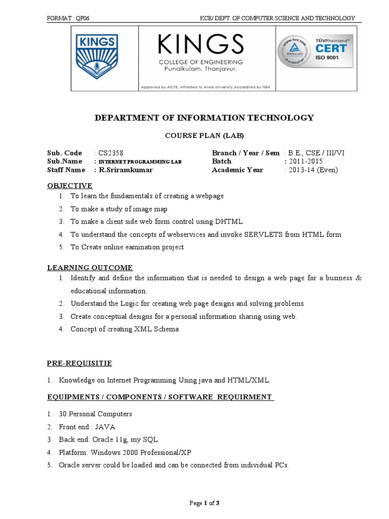 Internet Programming Lab Course Plan | PDF