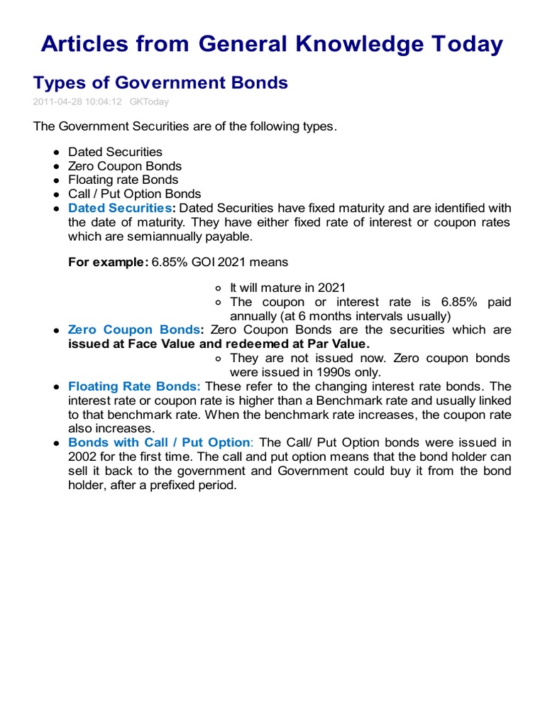 Types of Government Bonds Explained | PDF | Business | Law
