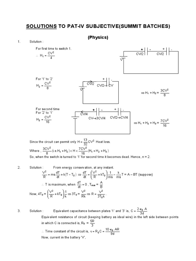Solutions To Pat-Iv Subjective (Summit Batches) : (Physics) | PDF ...