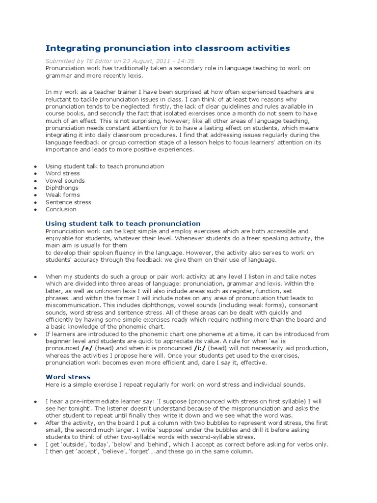 Integrating Pronunciation Into Classroom Activities | PDF | Stress ...