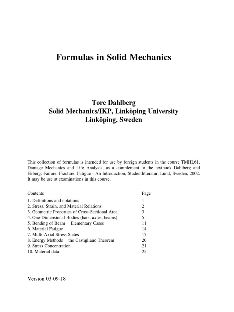 Solid Mechanics Formulas | PDF | Deformation (Mechanics) | Bending