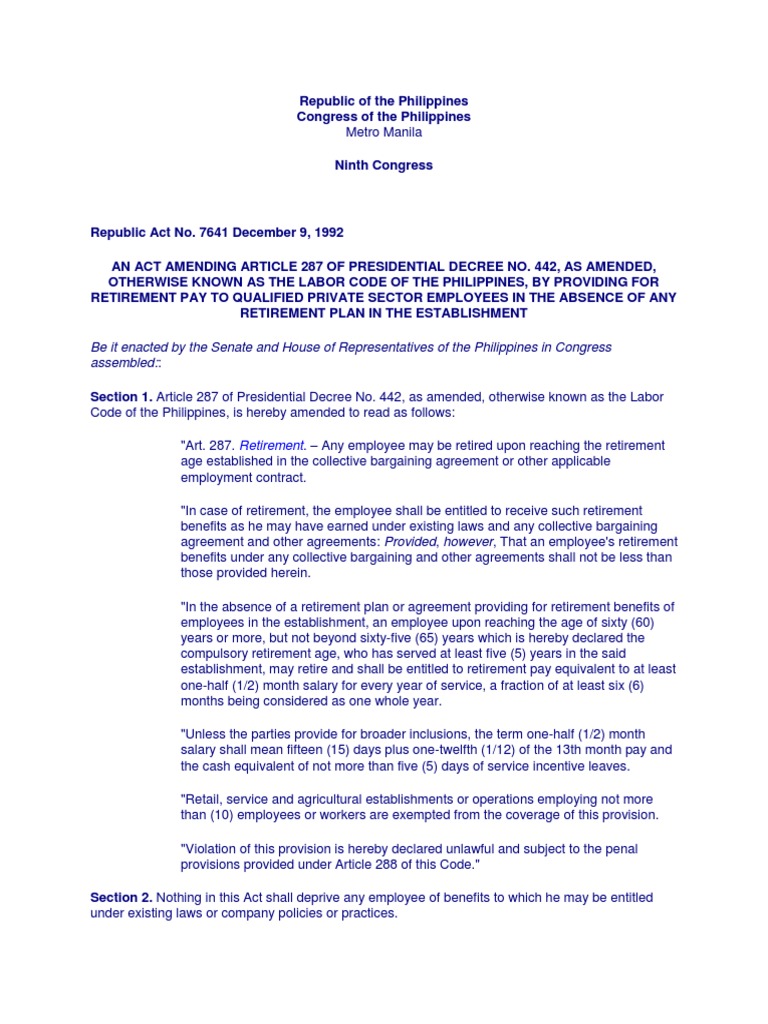 Ra 7641 & 7549 Provisions | PDF | United States Congress | American ...