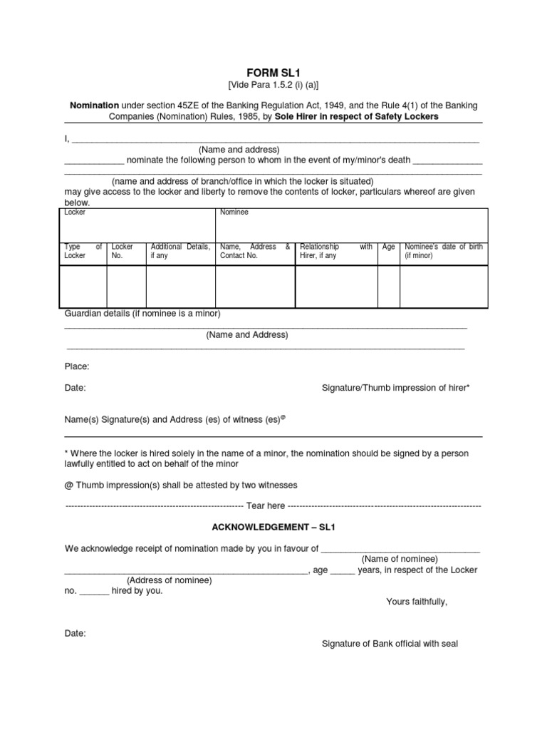 HDFC Locker Nomination Form Sl1 Blank | PDF