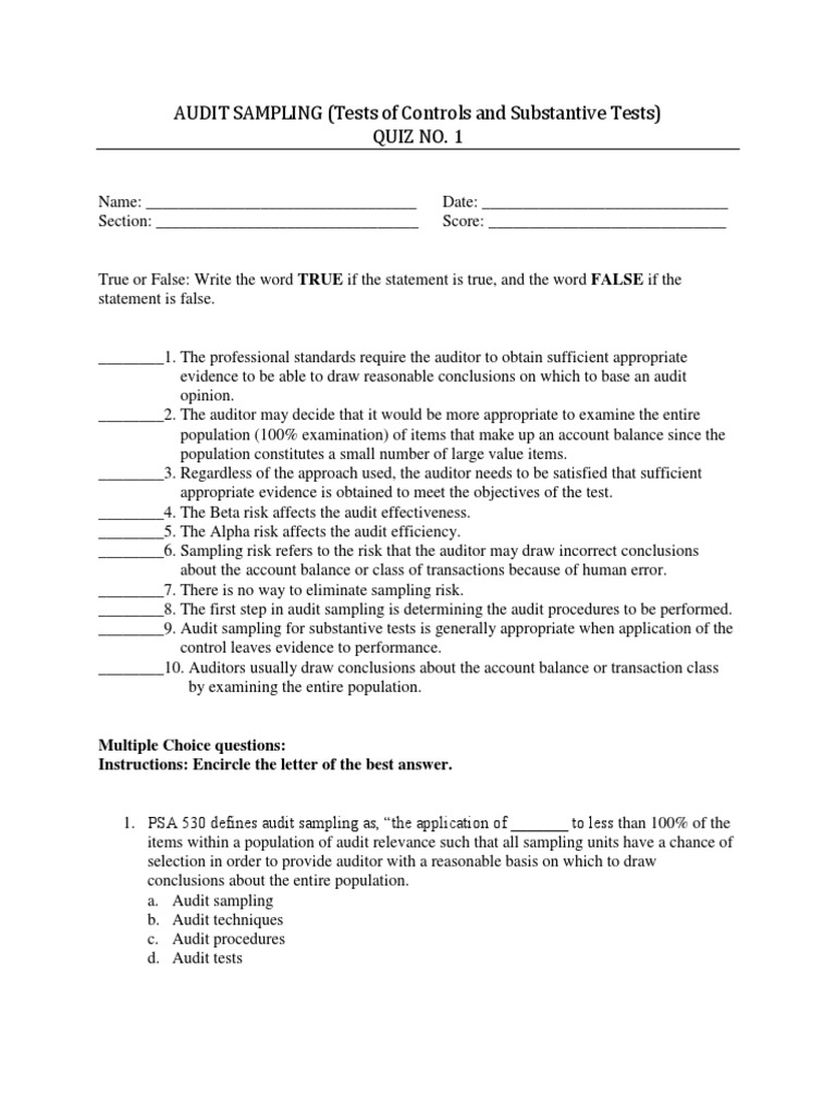 Audit Sampling Quiz | PDF | Sampling (Statistics) | Sample Size Determination